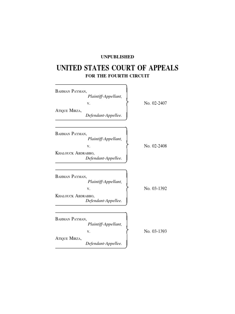 Payman v. Mirza, 4th Cir. (2003) | PDF | Summary Judgment | Discovery (Law)