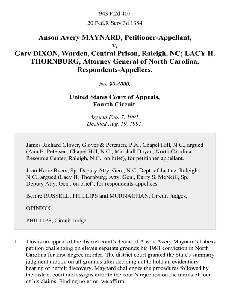 Anson Avery Maynard v. Gary Dixon, Warden, Central Prison, Raleigh, NC ...