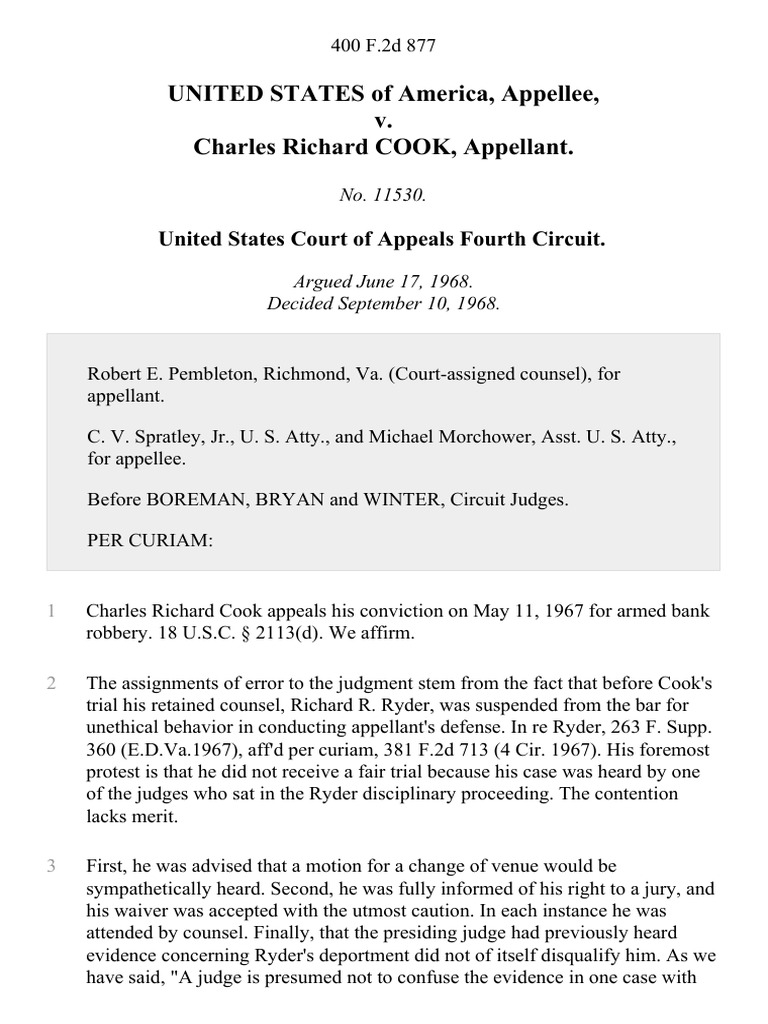 United States v. Charles Richard Cook, 400 F.2d 877, 4th Cir. (1968) | PDF