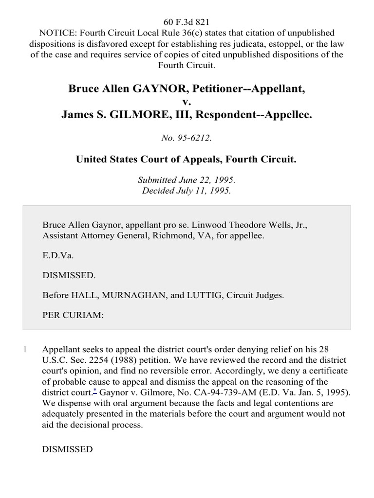 Bruce Allen Gaynor v. James S. Gilmore, III, 60 F.3d 821, 4th Cir ...