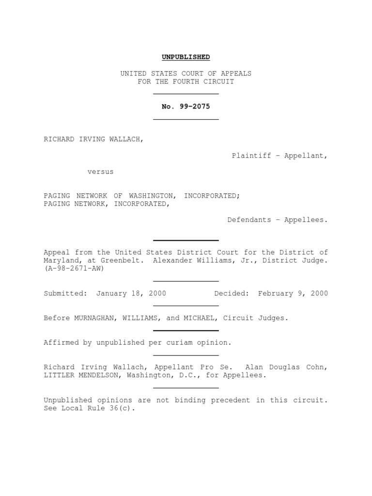 Wallach v. Paging Network Wash, 4th Cir. (2000) | PDF