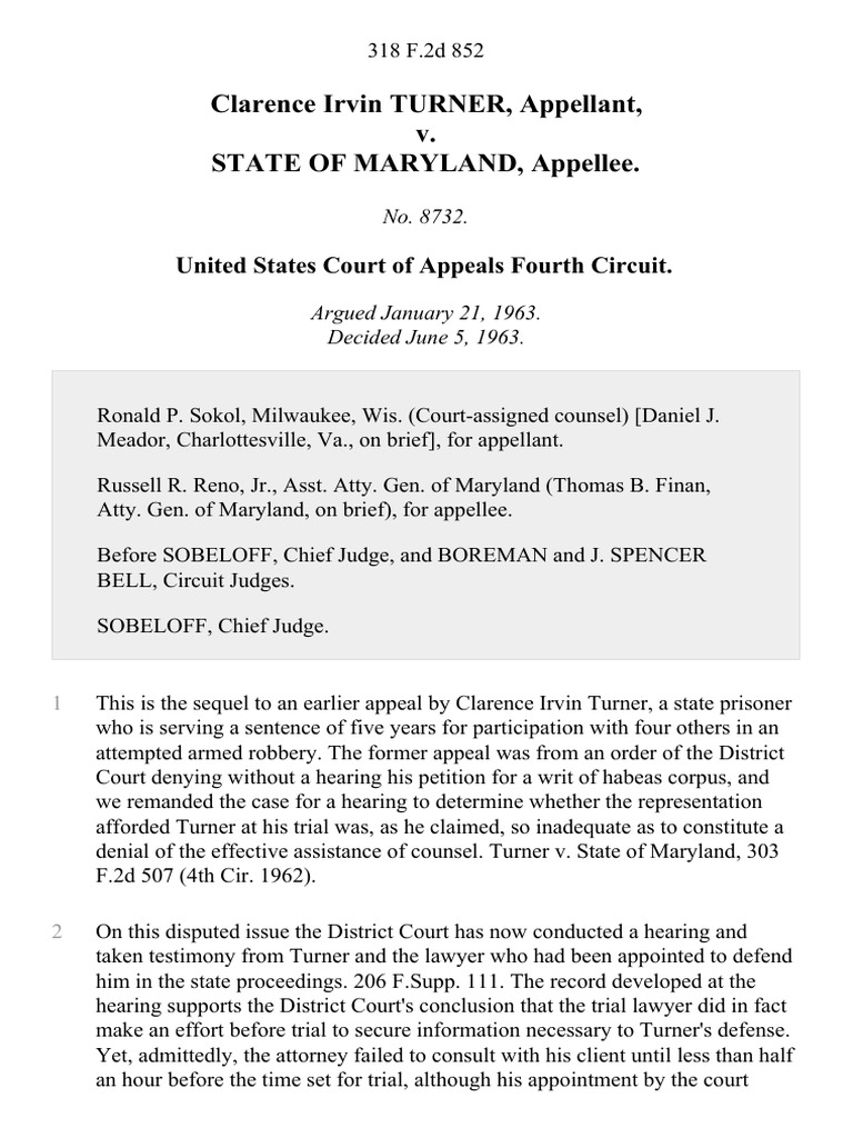 Clarence Irvin Turner v. State of Maryland, 318 F.2d 852, 4th Cir ...