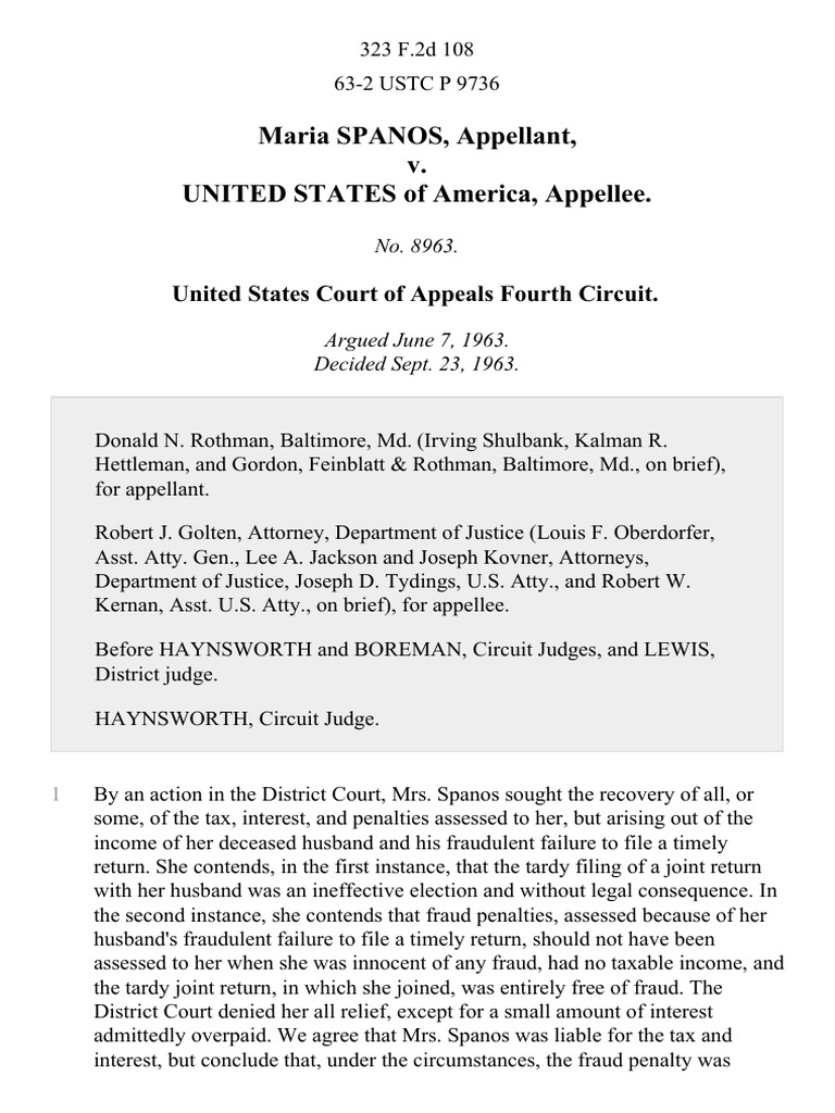 Maria Spanos v. United States, 323 F.2d 108, 4th Cir. (1963) | PDF ...