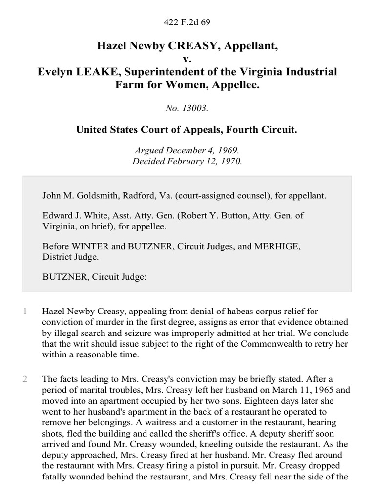 Hazel Newby Creasy v. Evelyn Leake, Superintendent of The Virginia ...