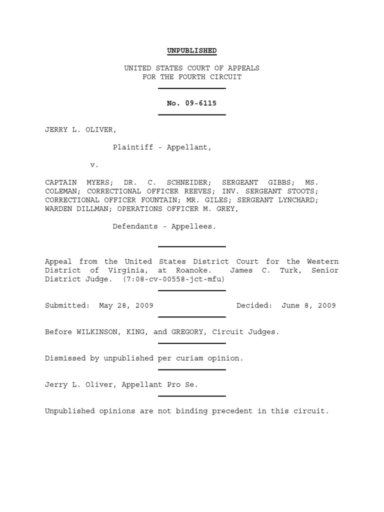 Oliver v. Captain Myers, 4th Cir. (2009) | PDF | Social Science | Law