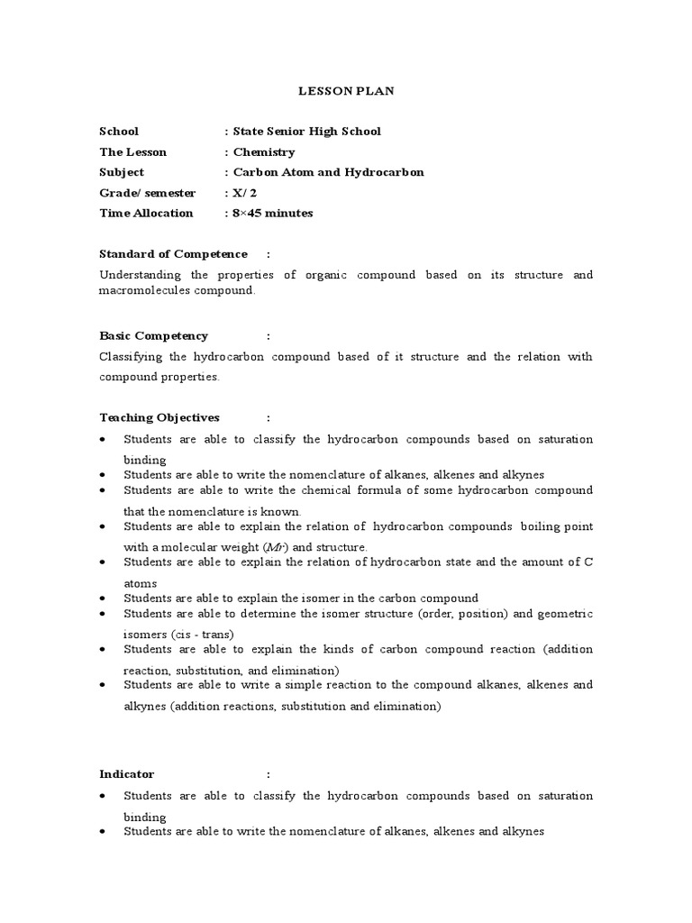Lesson Plan 15 - Carbon and Hydrocarbon | PDF | Alkane | Alkene