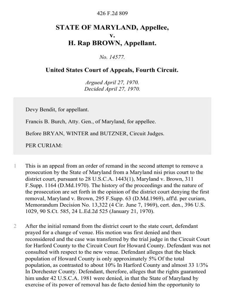 State of Maryland v. H. Rap Brown, 426 F.2d 809, 4th Cir. (1970) | PDF ...