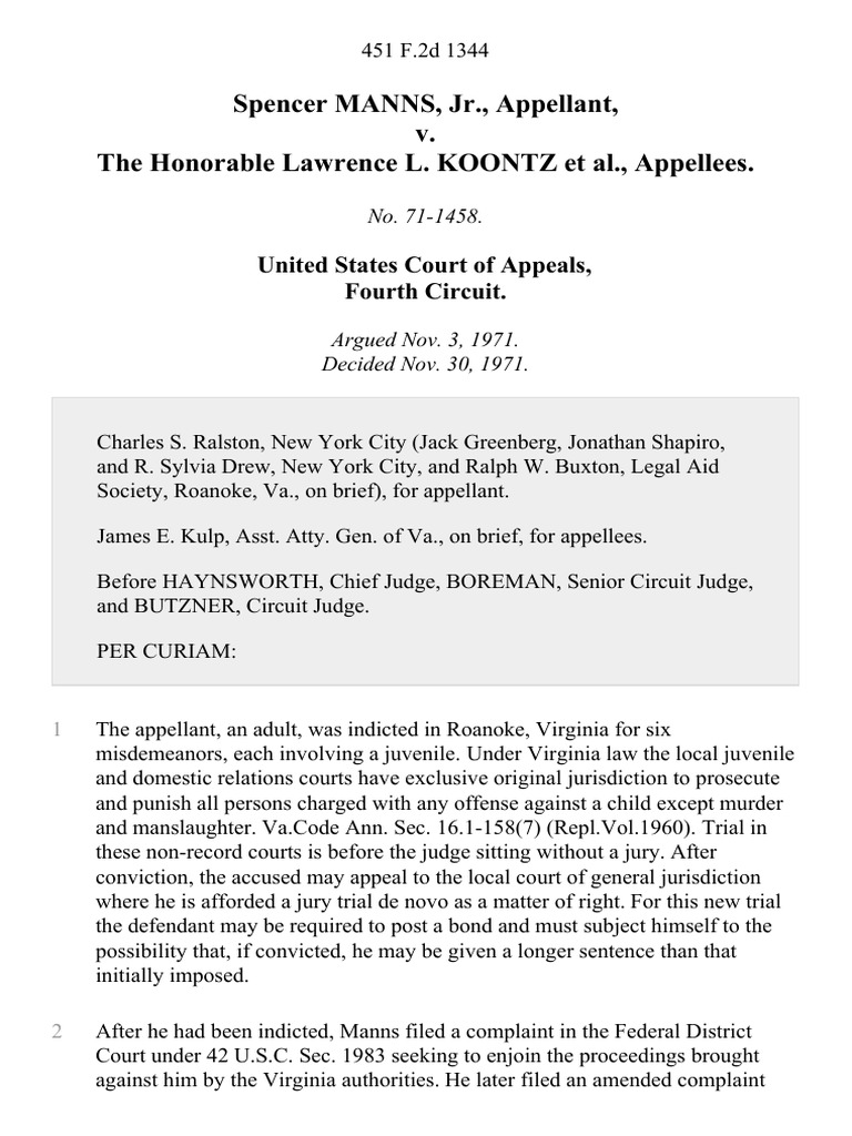 Spencer Manns, Jr. v. The Honorable Lawrence L. Koontz, 451 F.2d 1344 ...