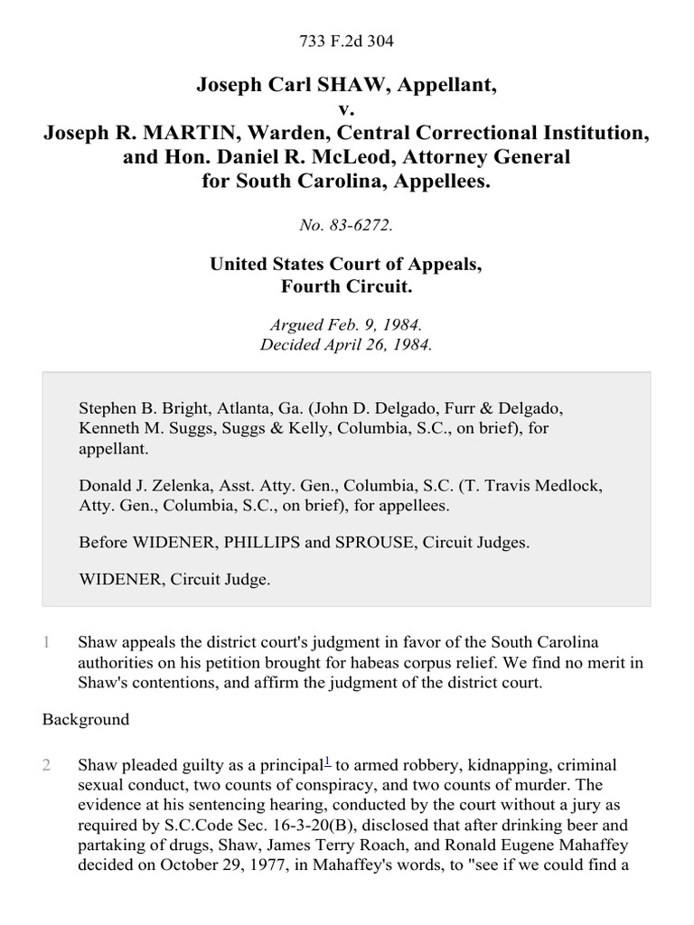 Joseph Carl Shaw v. Joseph R. Martin, Warden, Central Correctional ...