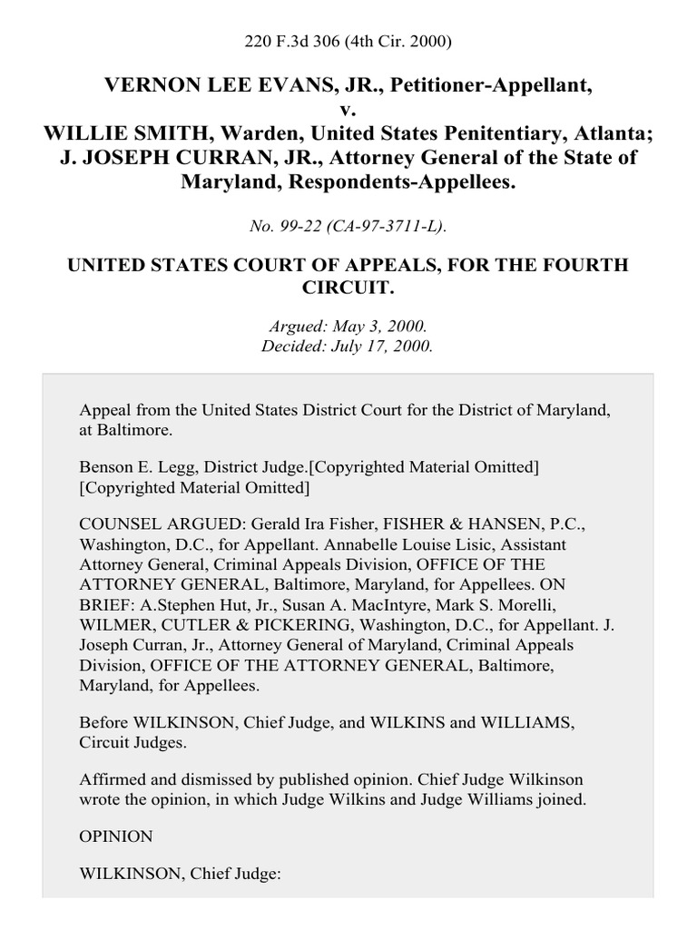 Vernon Lee Evans, Jr. v. Willie Smith, Warden, United States ...