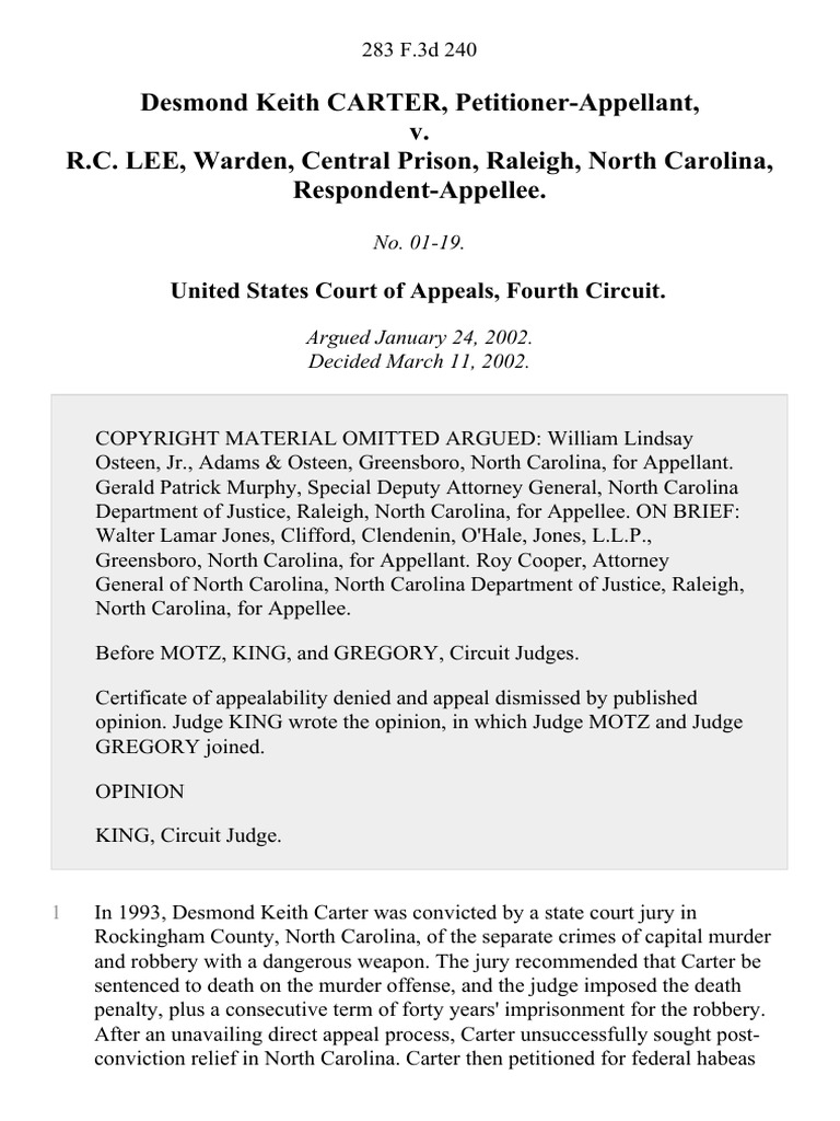 Desmond Keith Carter v. R.C. Lee, Warden, Central Prison, Raleigh ...