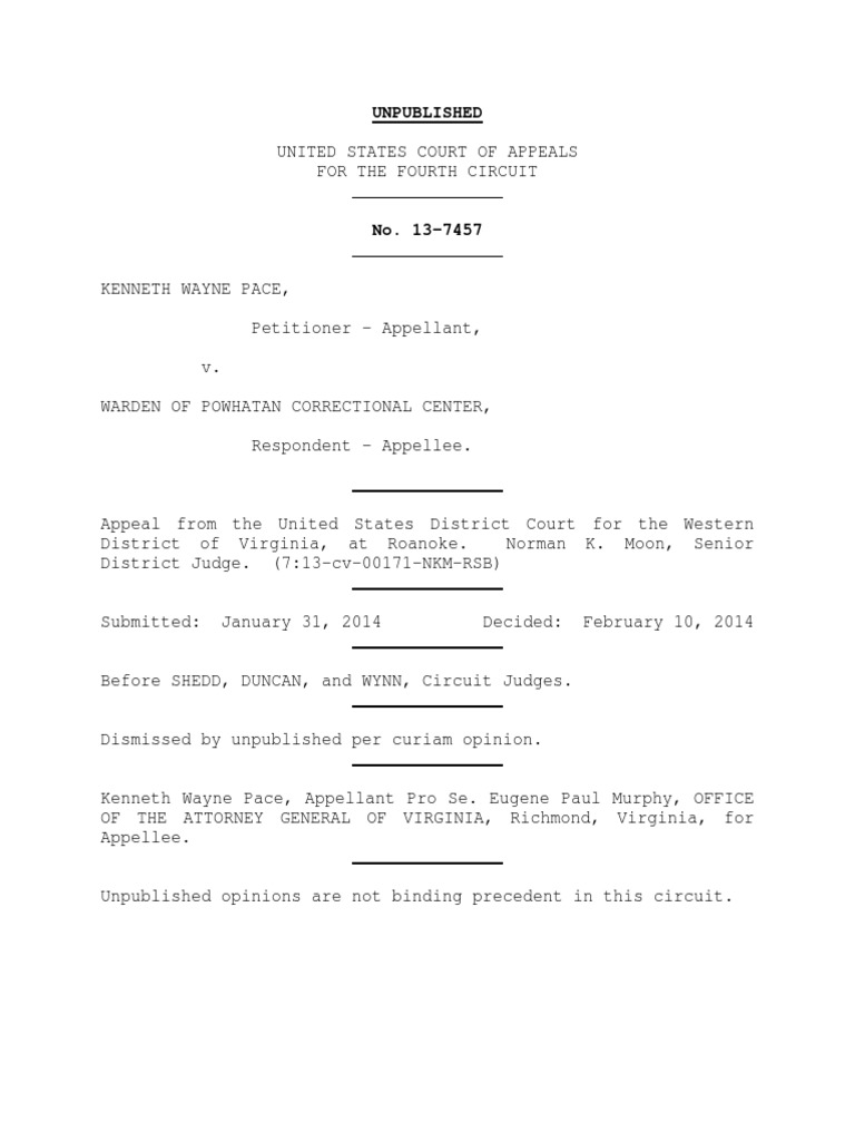 Kenneth Pace v. Warden of Powhatan Correctional Center, 4th Cir. (2014 ...