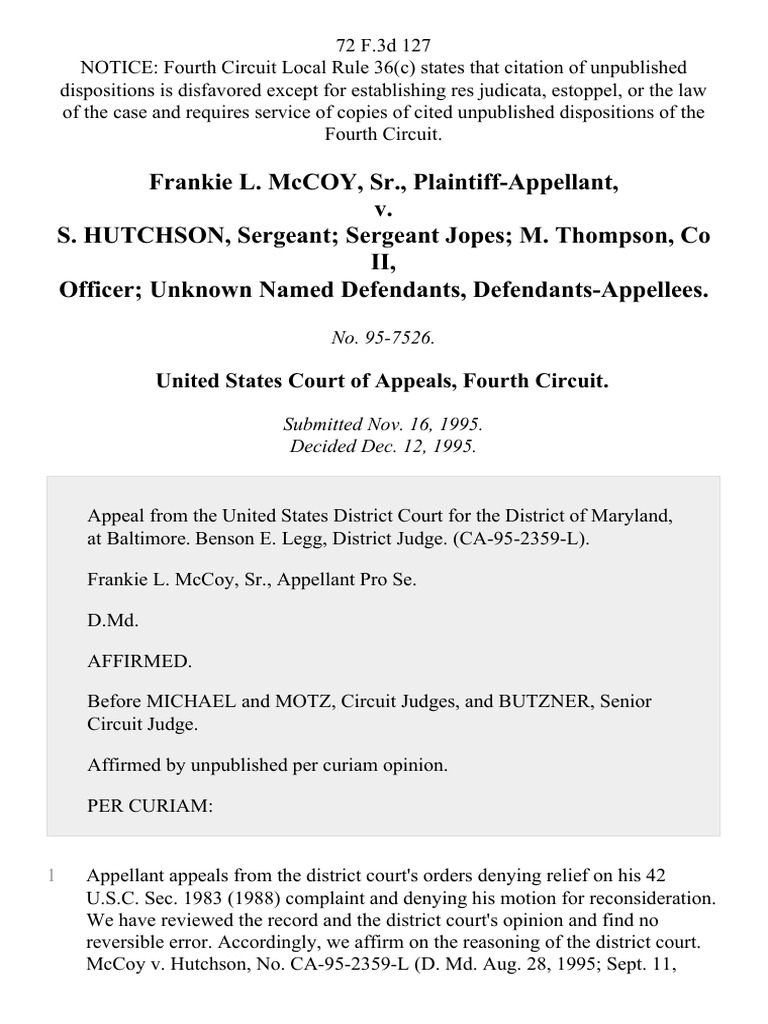 Frankie L. McCoy Sr. v. S. Hutchson, Sergeant Sergeant Jopes M ...