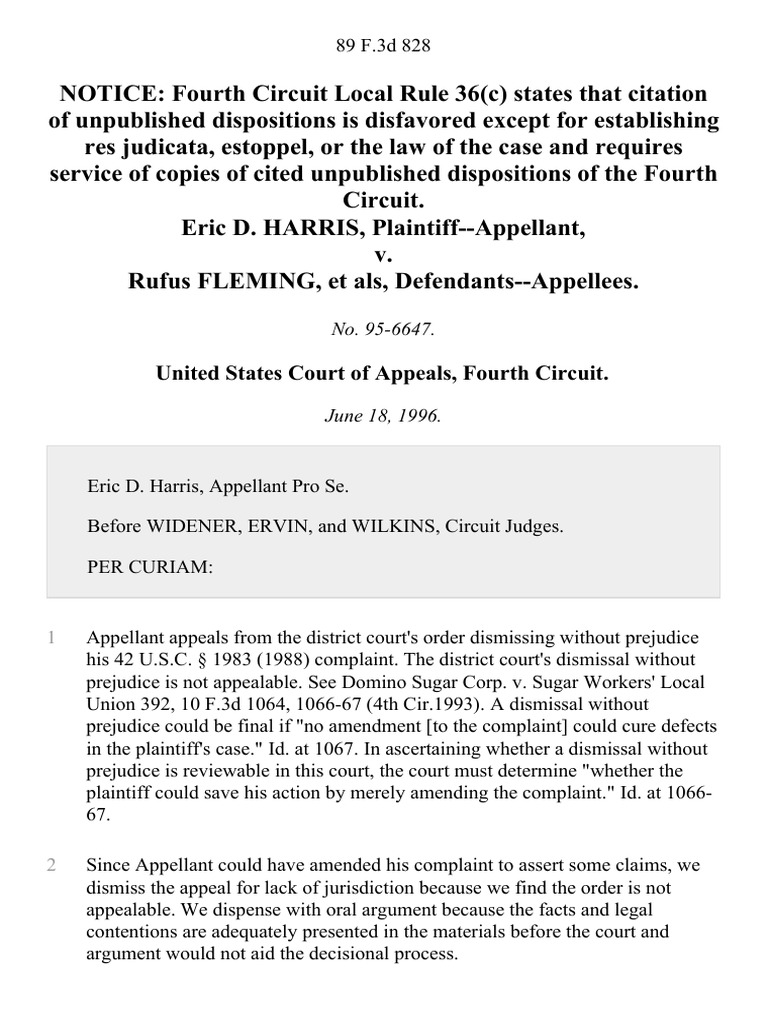 Eric D. Harris v. Rufus Flemings, 89 F.3d 828, 4th Cir. (1996) | PDF