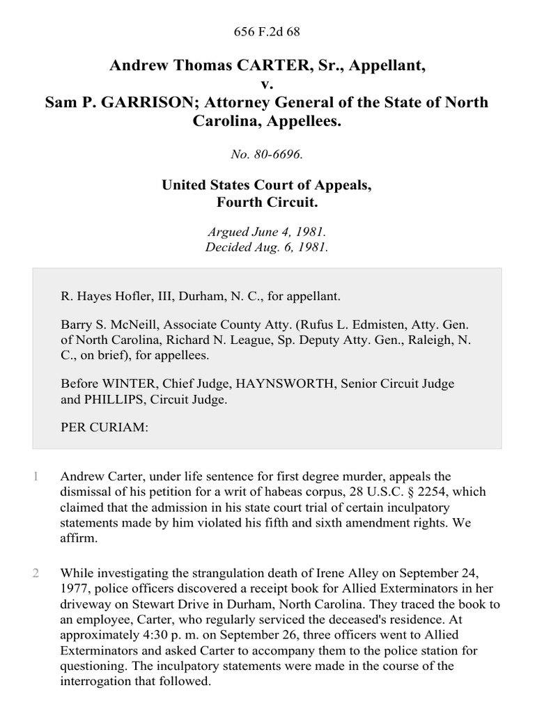Andrew Thomas Carter, Sr. v. Sam P. Garrison Attorney General of The ...