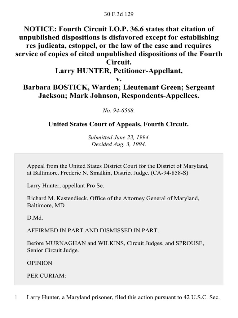 Larry Hunter v. Barbara Bostick, Warden Lieutenant Green Sergeant Jackson Mark Johnson, 30 F.3d ...