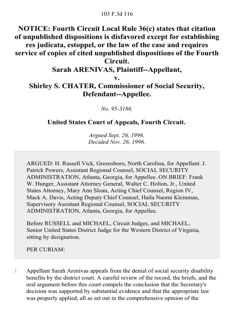 Sarah Arenivas v. Shirley S. Chater, Commissioner of Social Security ...