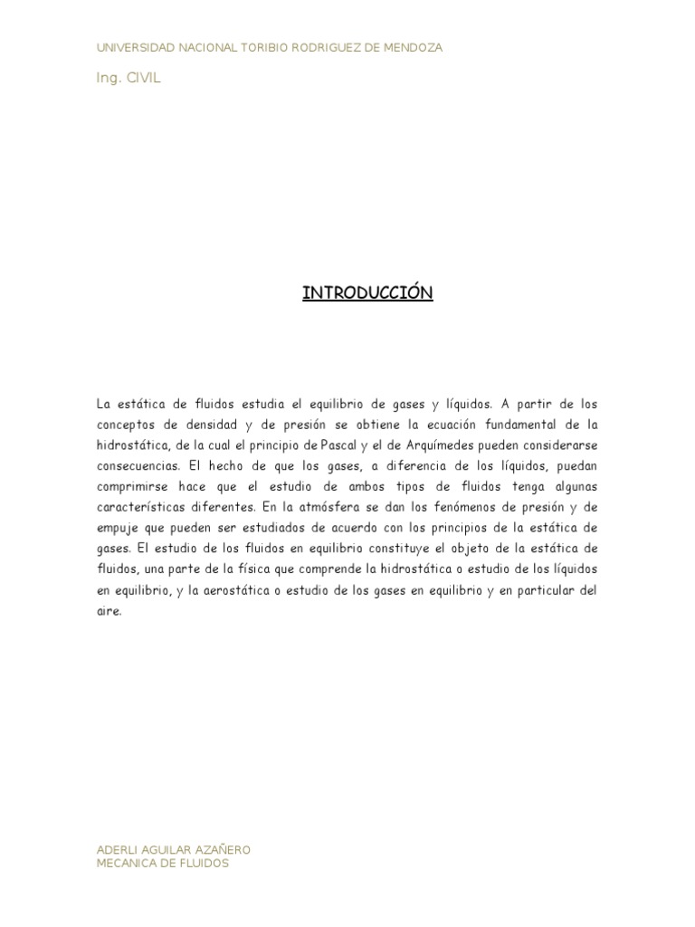 Informe Estatica Fluidos | PDF | Gases | Cantidades fisicas