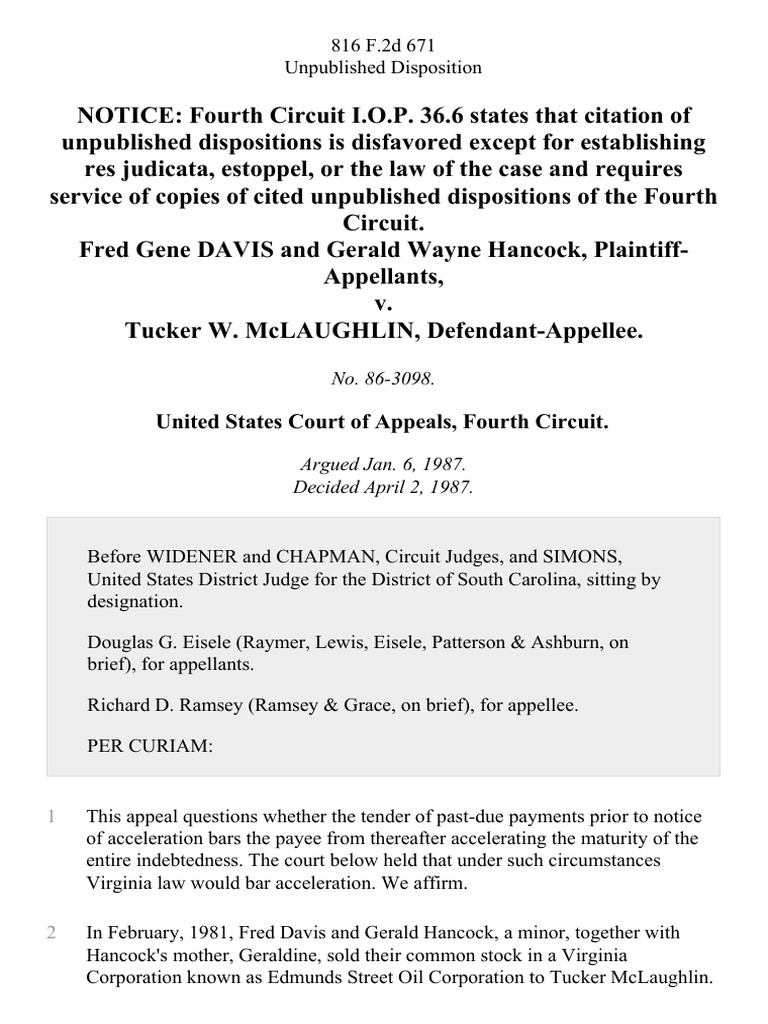 Fred Gene Davis and Gerald Wayne Hancock v. Tucker W. McLaughlin, 816 F ...