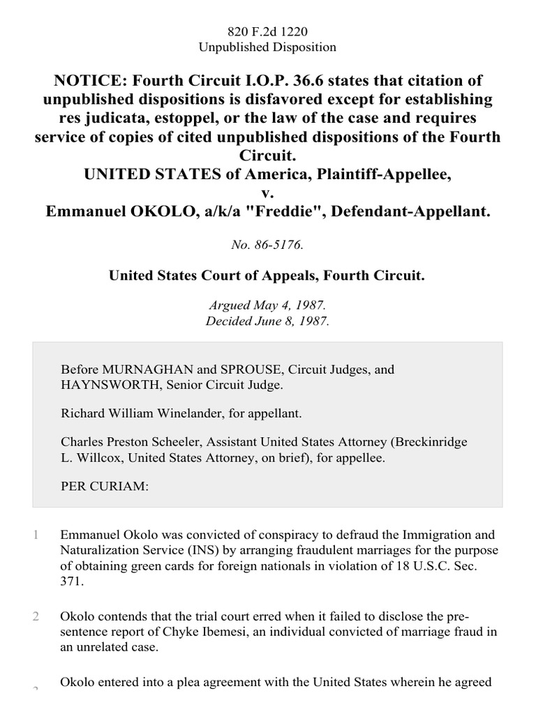 United States v. Emmanuel Okolo, A/K/A "Freddie", 820 F.2d 1220, 4th ...
