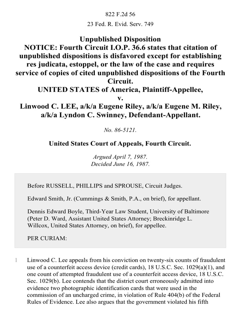 United States v. Linwood C. Lee, A/K/A Eugene Riley, A/K/A Eugene M ...