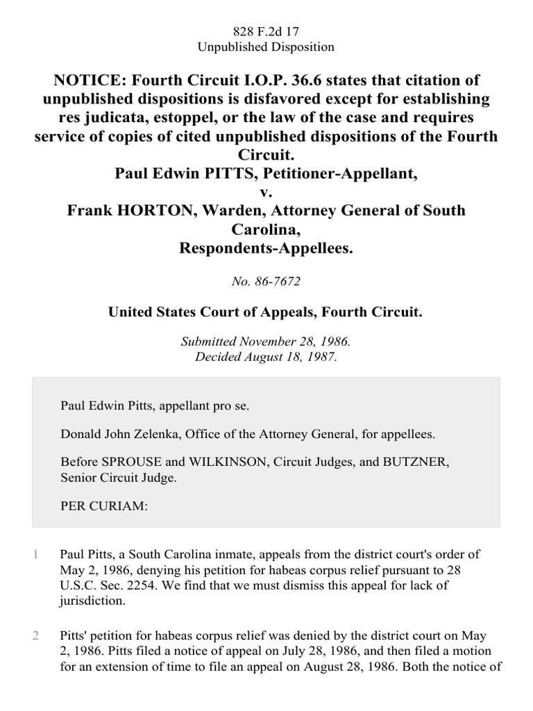 Paul Edwin Pitts v. Frank Horton, Warden, Attorney General of South ...