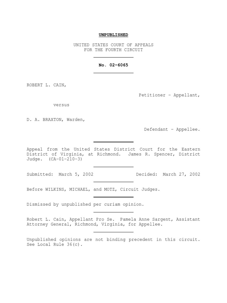 Cain v. Braxton, 4th Cir. (2002) | PDF | Supreme Court Of Virginia | Appeal