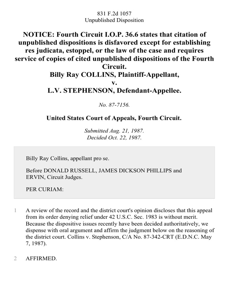 Billy Ray Collins v. L v. Stephenson, 831 F.2d 1057, 4th Cir. (1987) | PDF