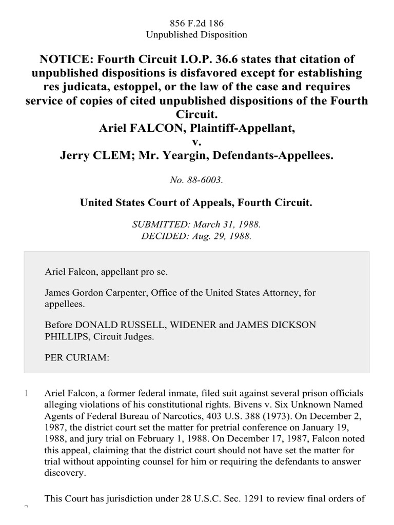 Ariel Falcon v. Jerry Clem Mr. Yeargin, 856 F.2d 186, 4th Cir. (1988) | PDF