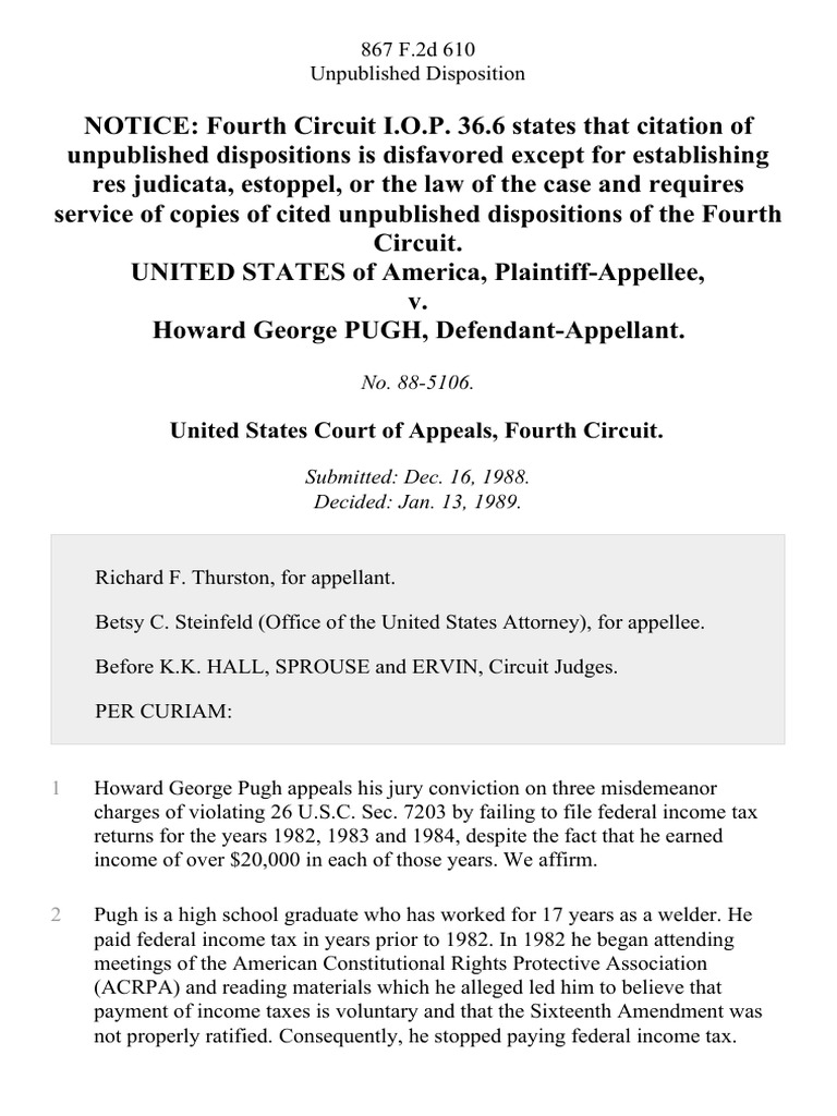 United States v. Howard George Pugh, 867 F.2d 610, 4th Cir. (1989) | PDF