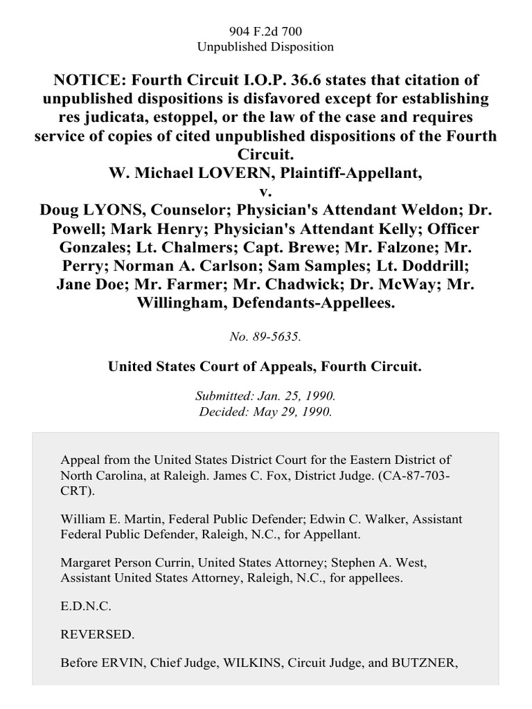 W. Michael Lovern v. Doug Lyons, Counselor Physician's Attendant Weldon ...
