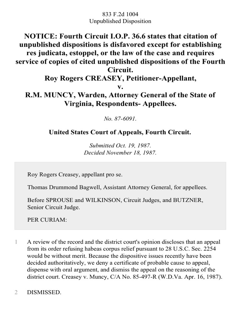 Roy Rogers Creasey v. R.M. Muncy, Warden, Attorney General of The State ...