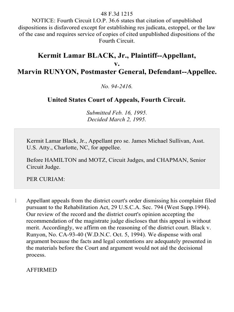 Kermit Lamar Black, Jr. v. Marvin Runyon, Postmaster General, 48 F.3d 1215, 4th Cir. (1995 ...
