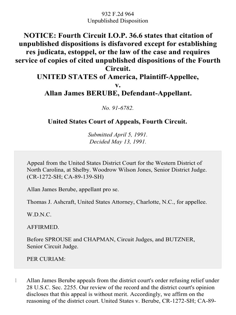 United States v. Allan James Berube, 932 F.2d 964, 4th Cir. (1991 ...