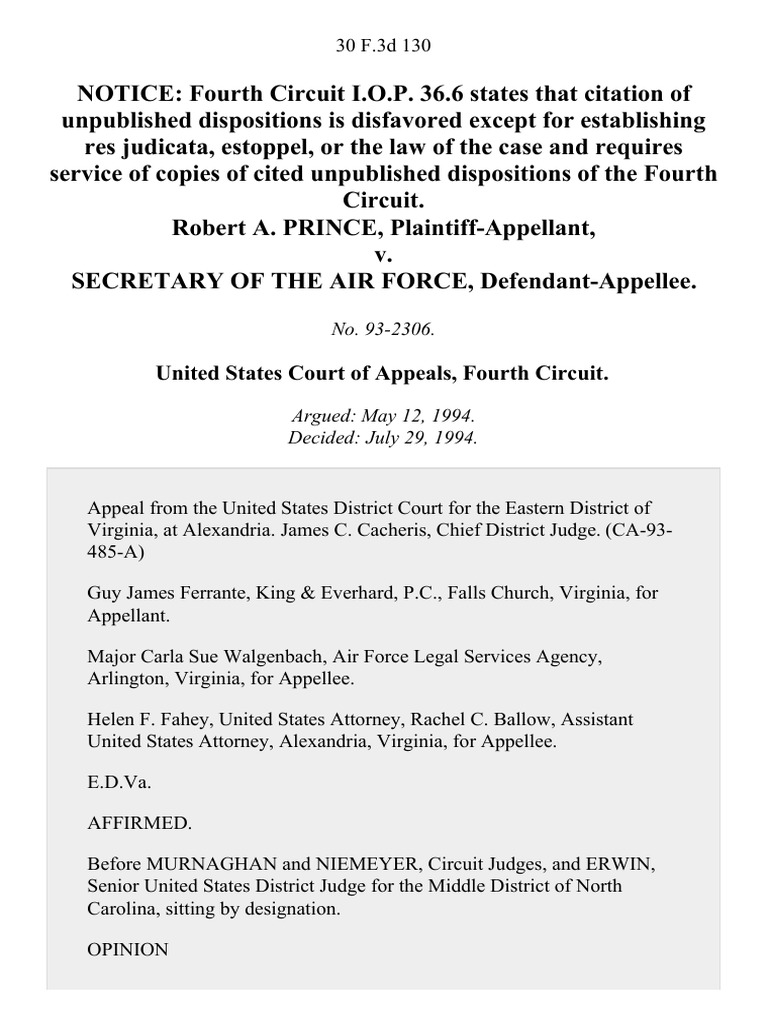 Robert A. Prince v. Secretary of The Air Force, 30 F.3d 130, 4th Cir ...