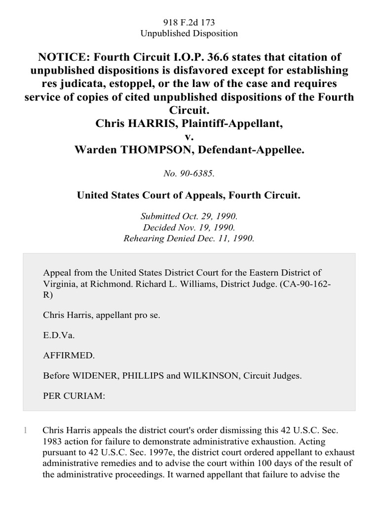 Chris Harris v. Warden Thompson, 918 F.2d 173, 4th Cir. (1990) | PDF