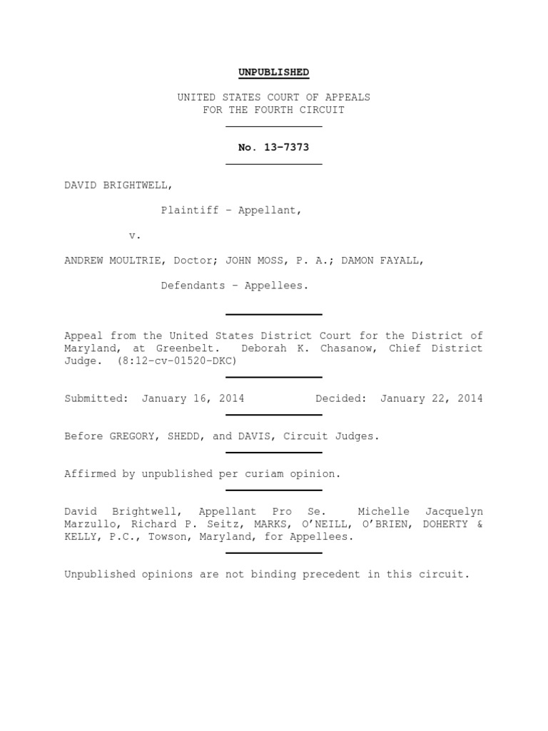 David Brightwell v. Andrew Moultrie, 4th Cir. (2014) | PDF