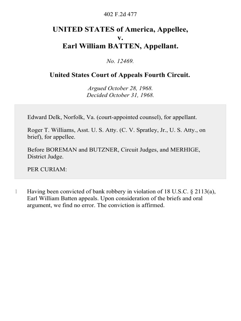 United States v. Earl William Batten, 402 F.2d 477, 4th Cir. (1968 ...