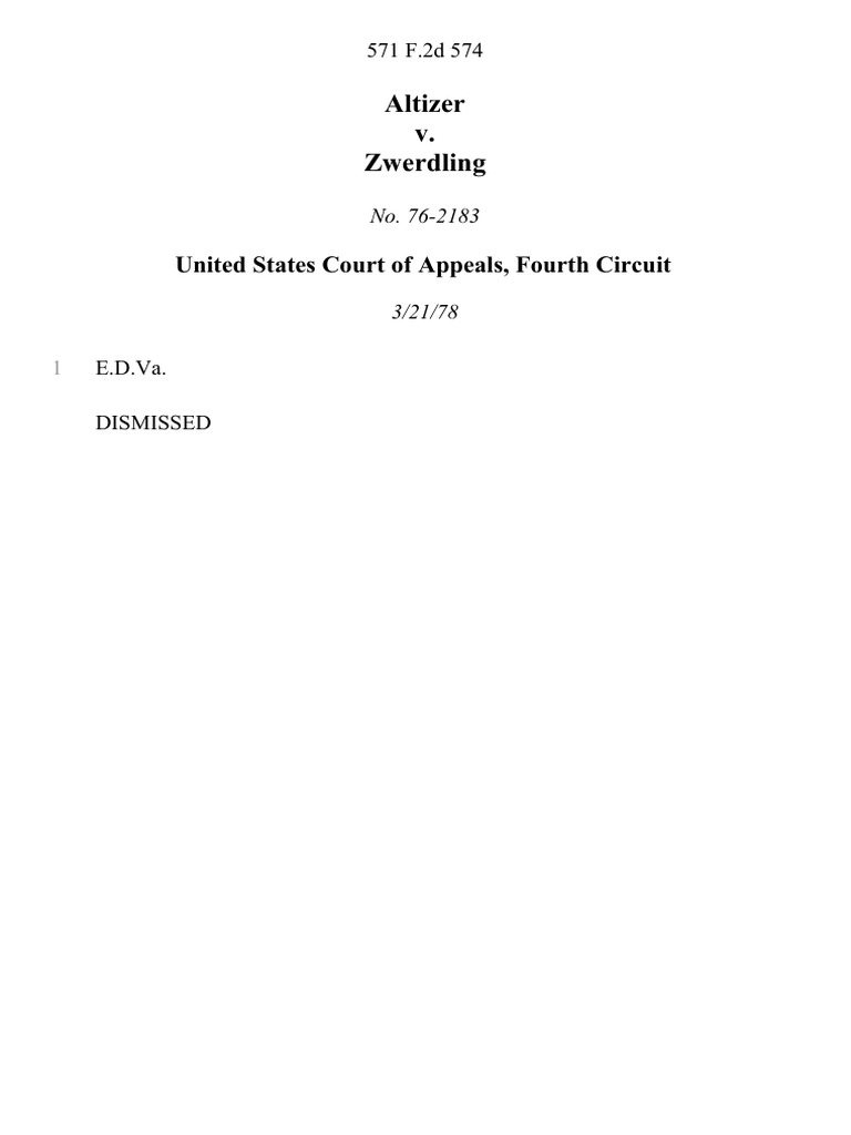 Altizer v. Zwerdling, 571 F.2d 574, 4th Cir. (1978) | PDF | Law