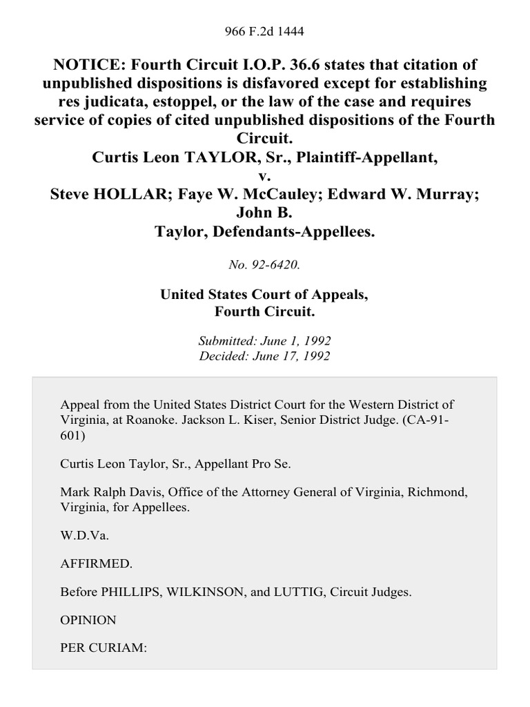 Curtis Leon Taylor, Sr. v. Steve Hollar Faye W. McCauley Edward W ...