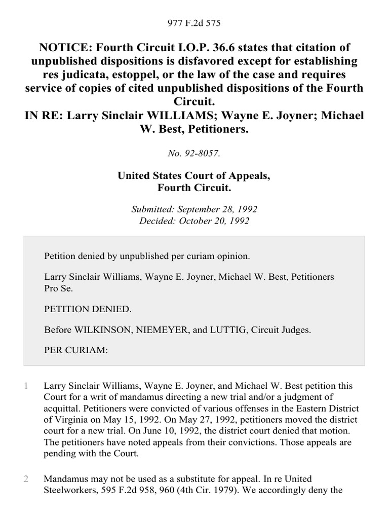 In Re: Larry Sinclair Williams Wayne E. Joyner Michael W. Best, 977 F ...