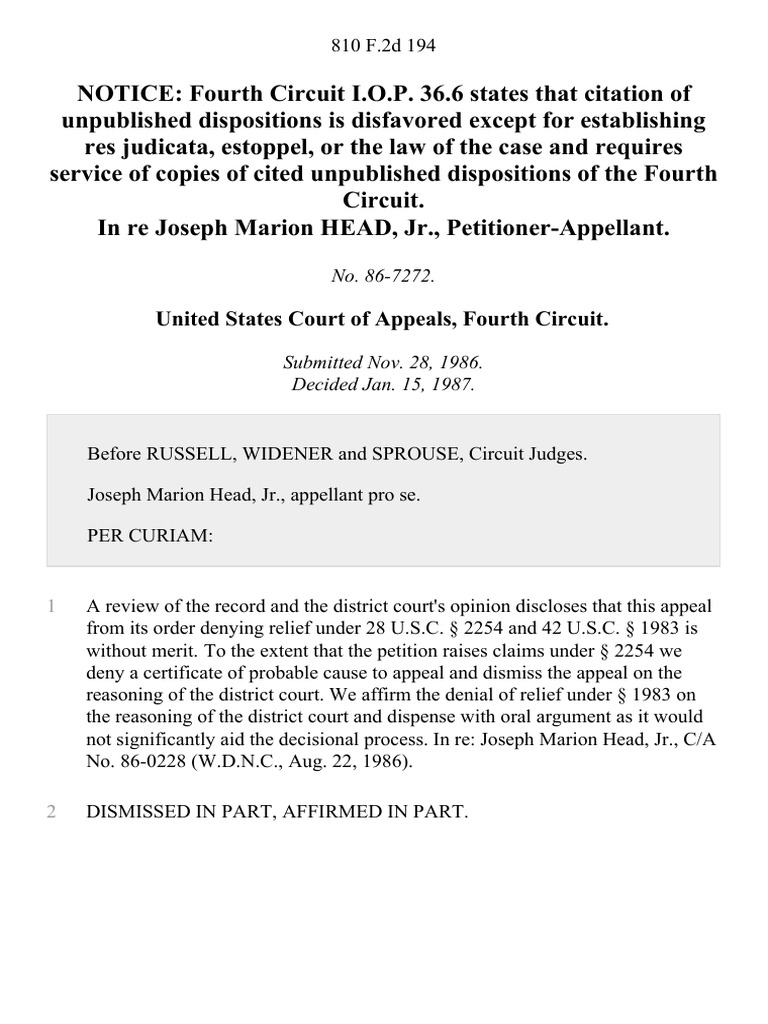 In Re Joseph Marion Head, JR., 810 F.2d 194, 4th Cir. (1987) | PDF