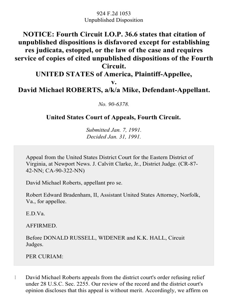 United States v. David Michael Roberts, A/K/A Mike, 924 F.2d 1053, 4th ...