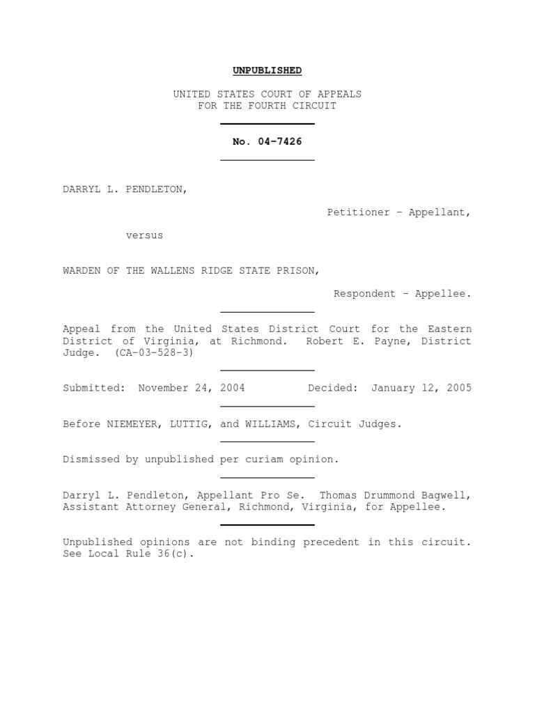 Pendleton v. Warden, 4th Cir. (2005) | PDF