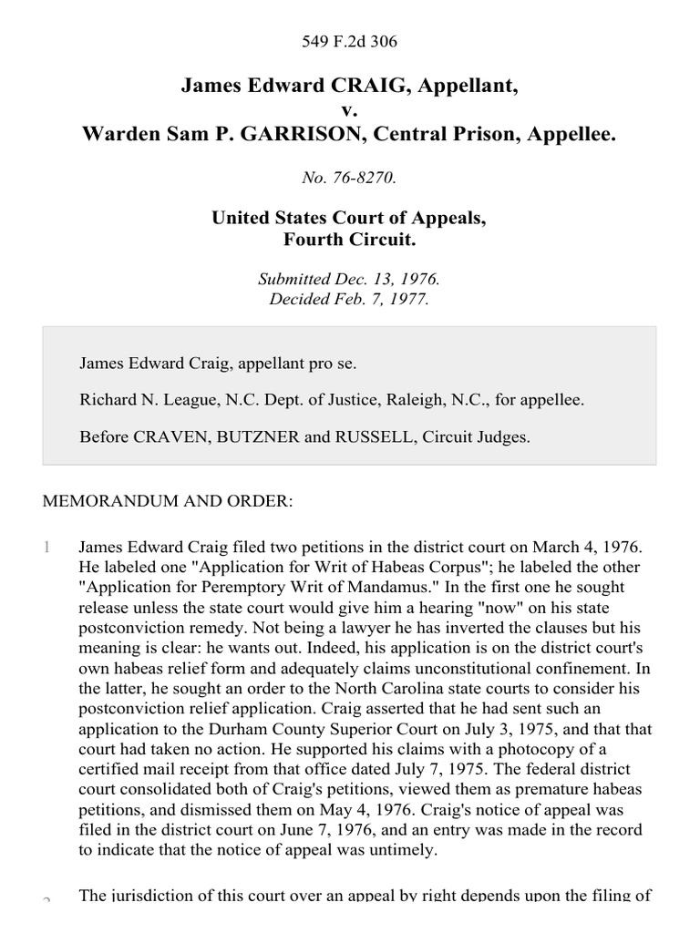 James Edward Craig v. Warden Sam P. Garrison, Central Prison, 549 F.2d ...