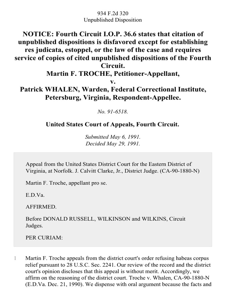 Martin F. Troche v. Patrick Whalen, Warden, Federal Correctional ...