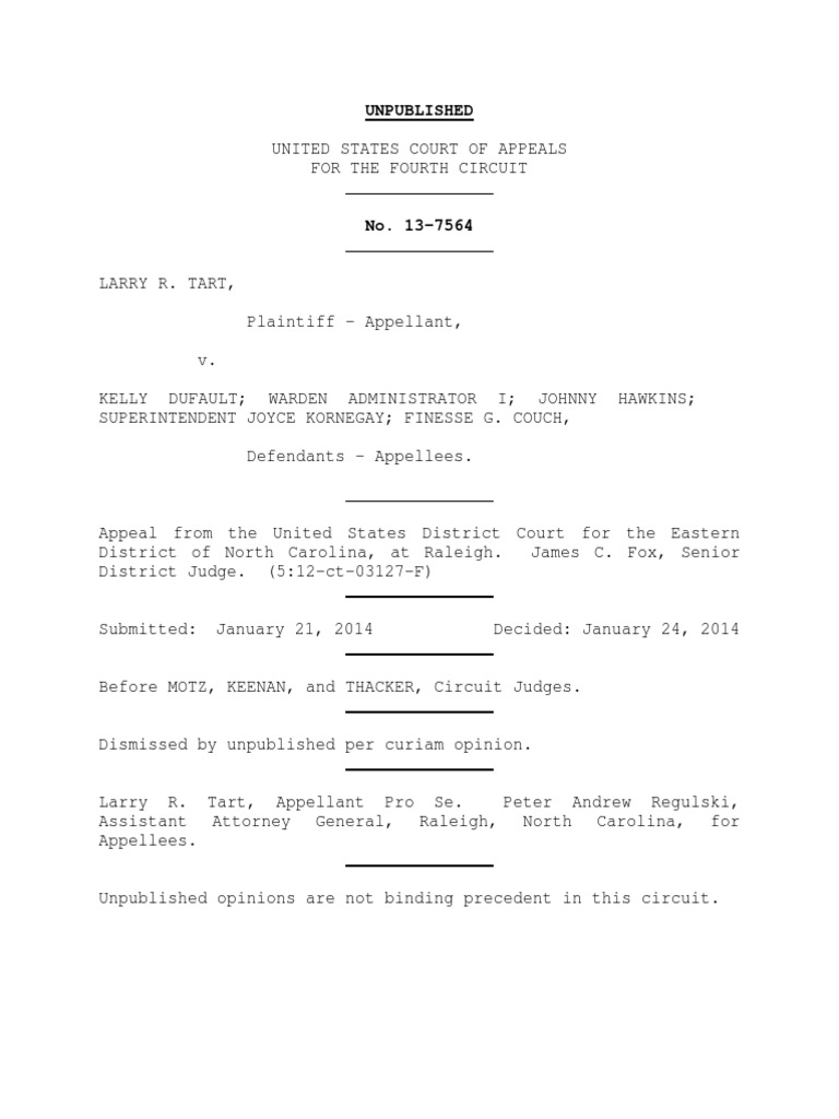 Larry Tart v. Kelly Dufault, 4th Cir. (2014) | PDF | Politics