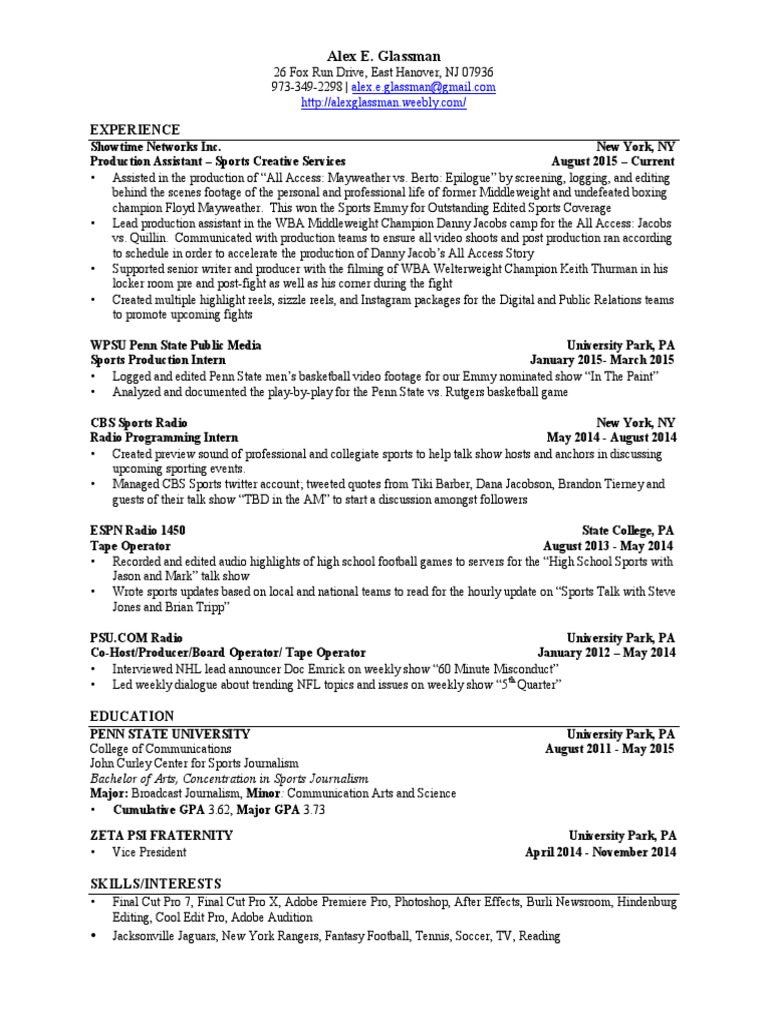 Alex Glassman Resume | PDF | Sports | Leisure