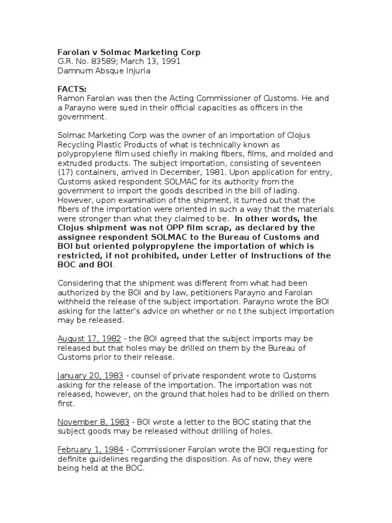 Farolan V Solmac Corp | Download Free PDF | Customs | Justice