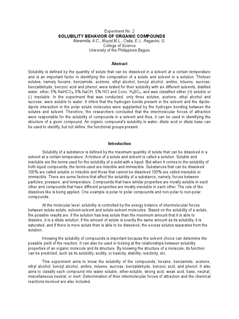 Organic compound solubility experiment | PDF | Solubility | Solution